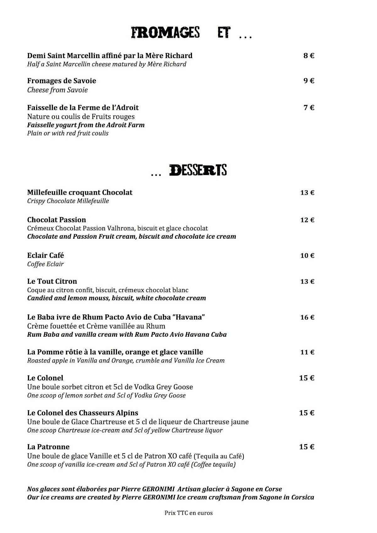 Menu at Restaurant La Baraque - Val d'Isère, Val-d'Isère, 137 Av. Olympique