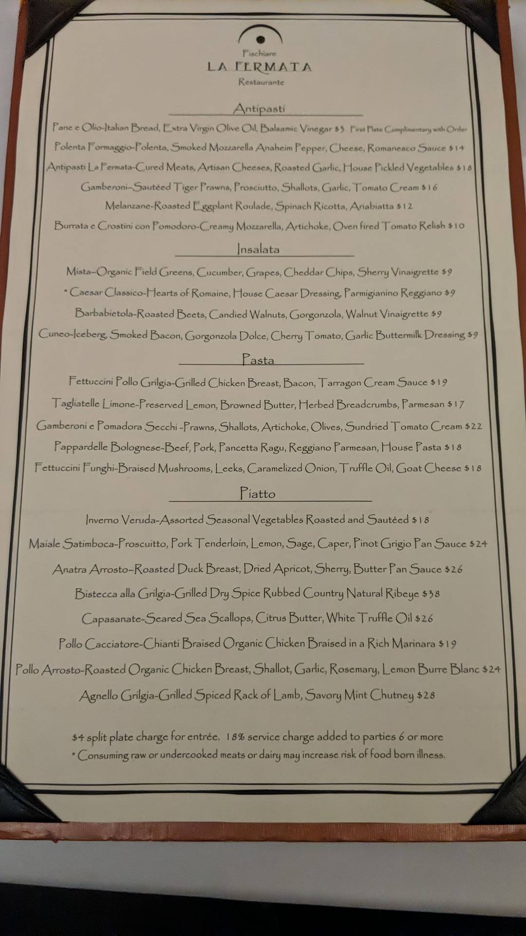 Menu at La Fermata restaurant, Bremerton, E 11th St