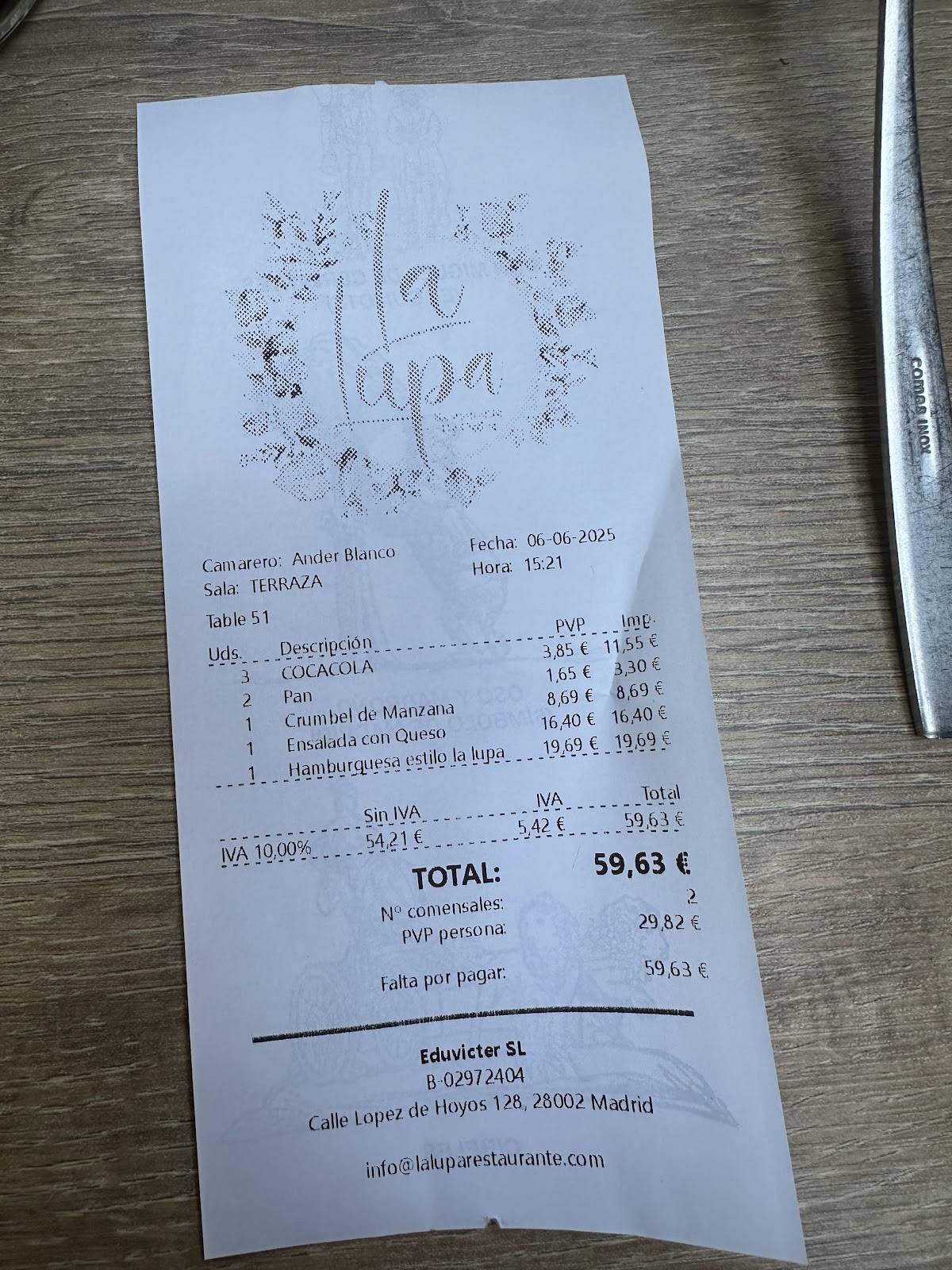 Carta del restaurante La Lupa, Madrid