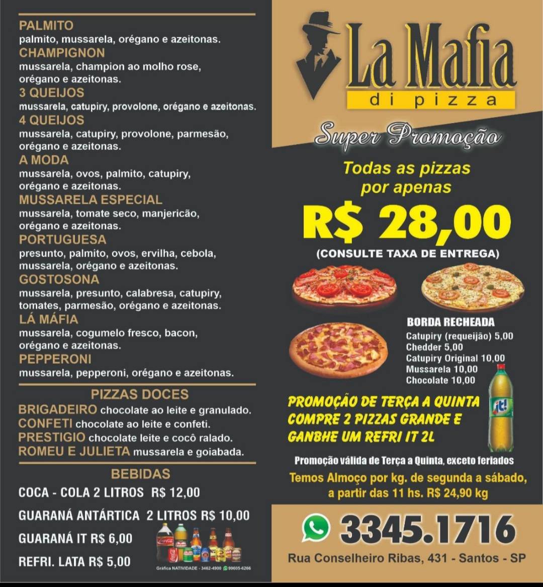 Menu em La Mafia di pizza restaurante, Santos