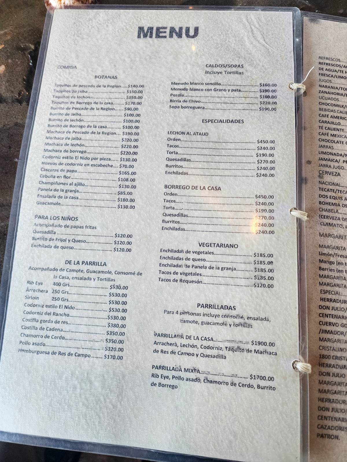 Carta de La Media Luna Restaurante, Rosarito