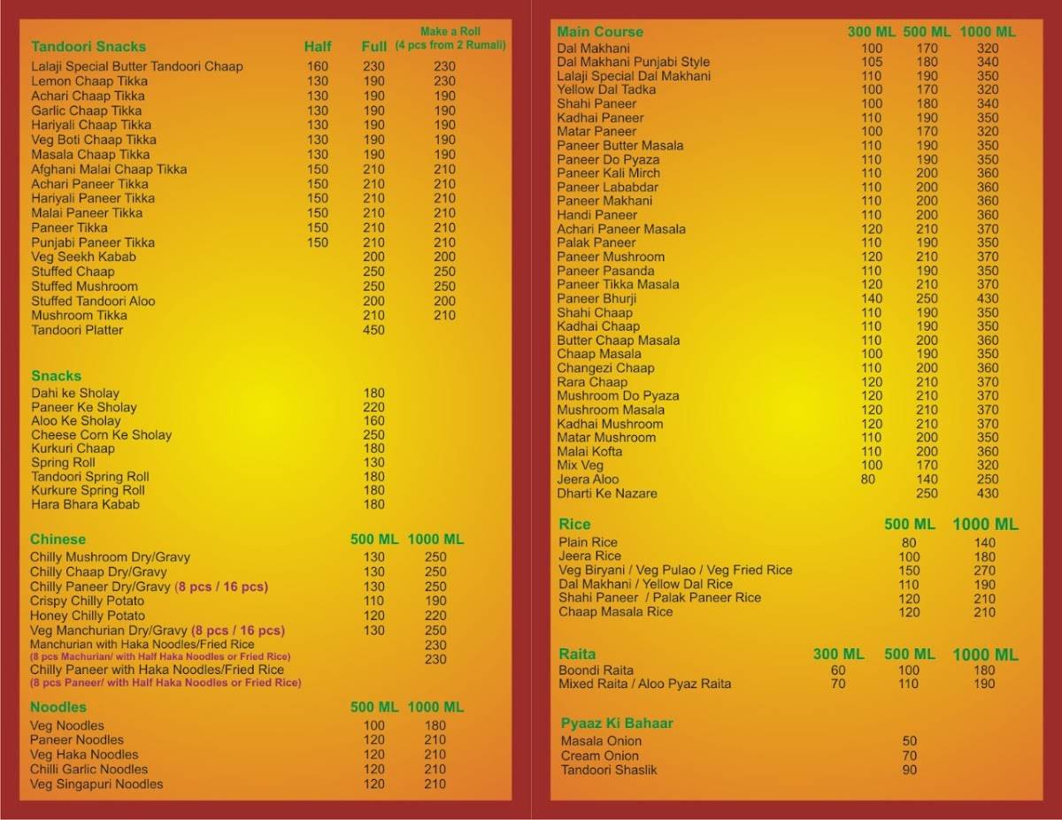 Menu at Lalaji Ki Angithi, Delhi