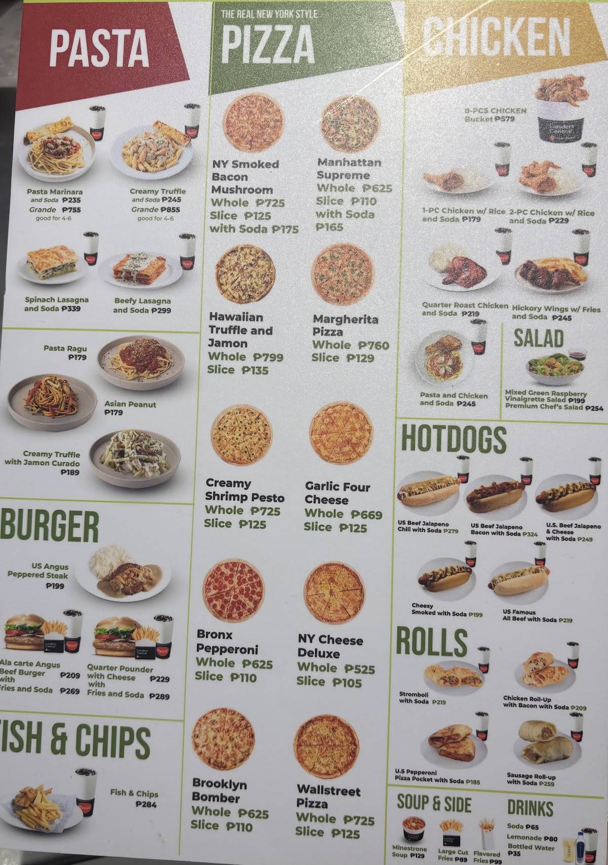 Menu at Landers Central restaurant, Pasig