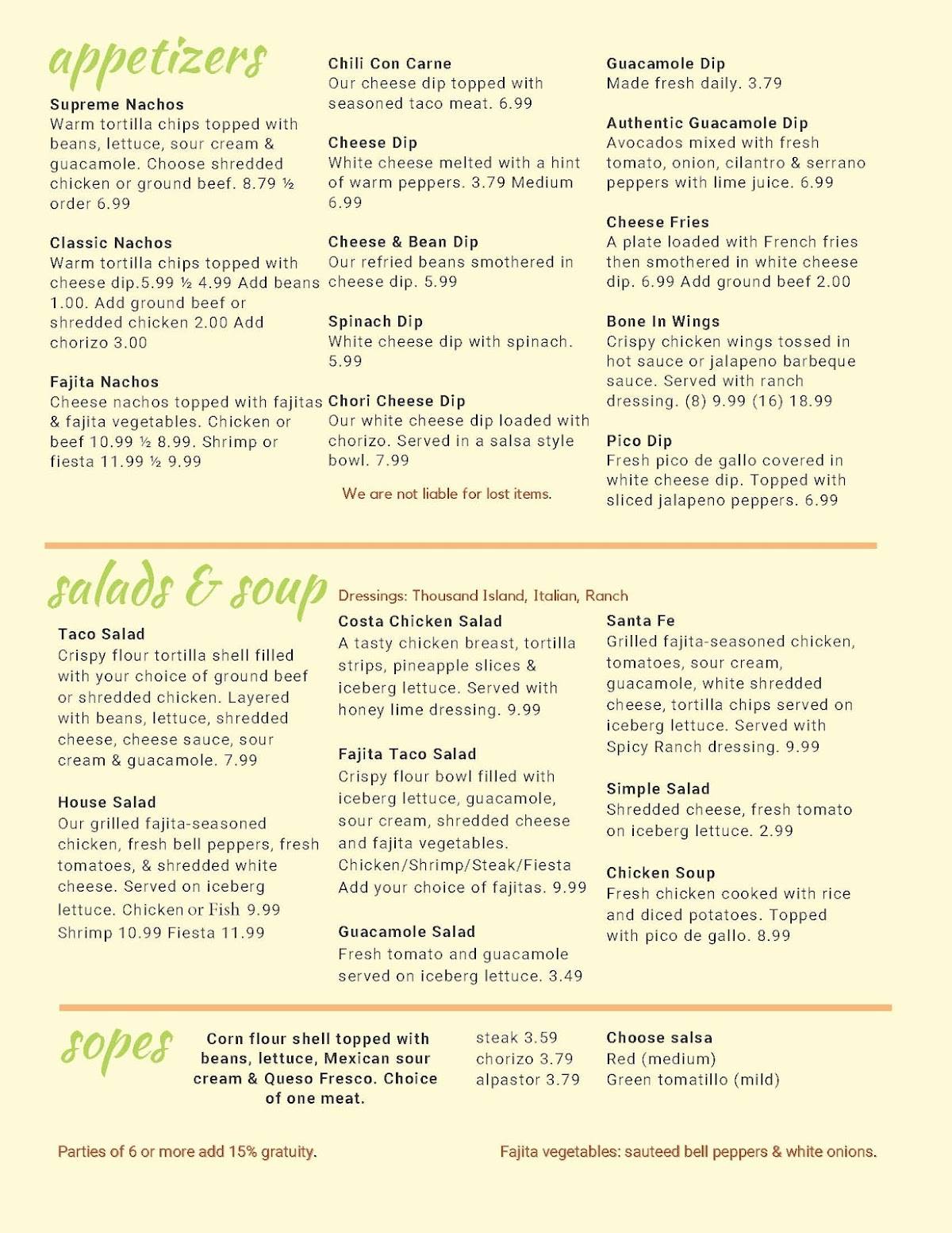 Menu at Las Lomas Restaurante Mexicano, Dyersburg