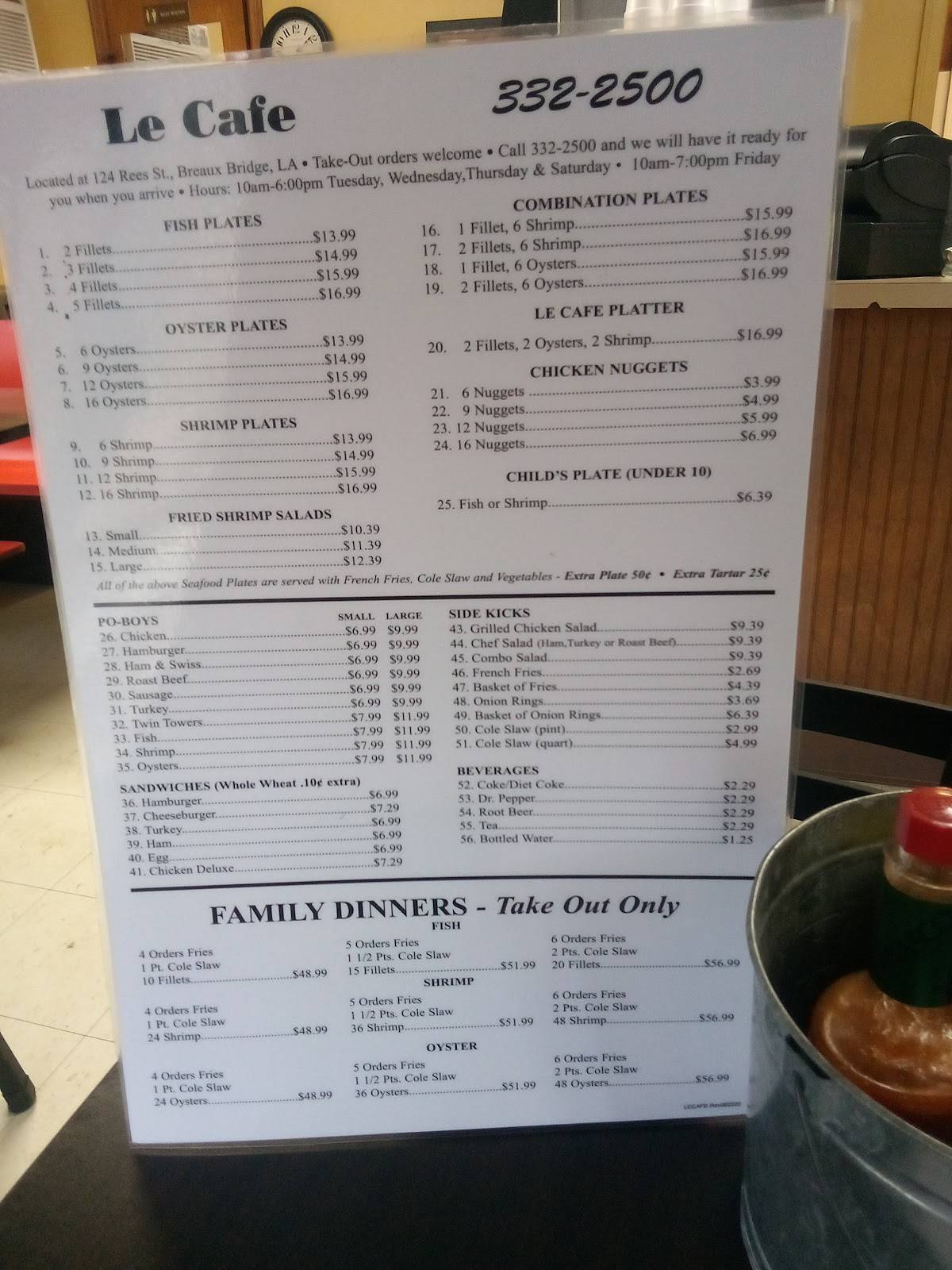 Menu at Le Cafe, Breaux Bridge