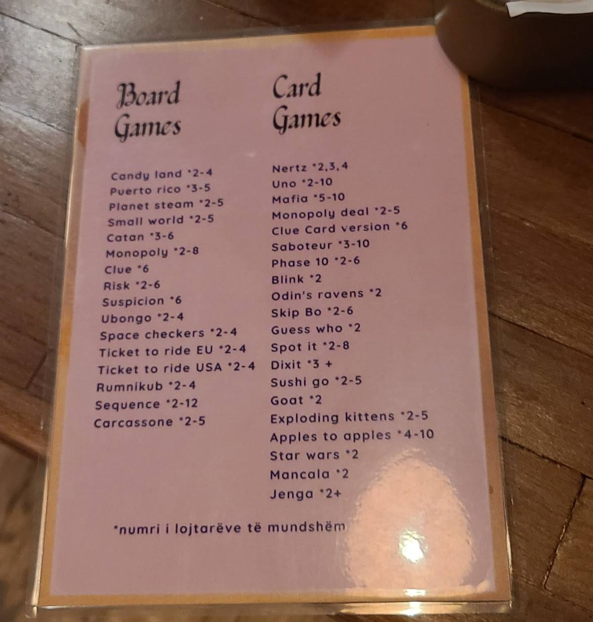 Menu au Le Chateau, Tirana, Kavaja St