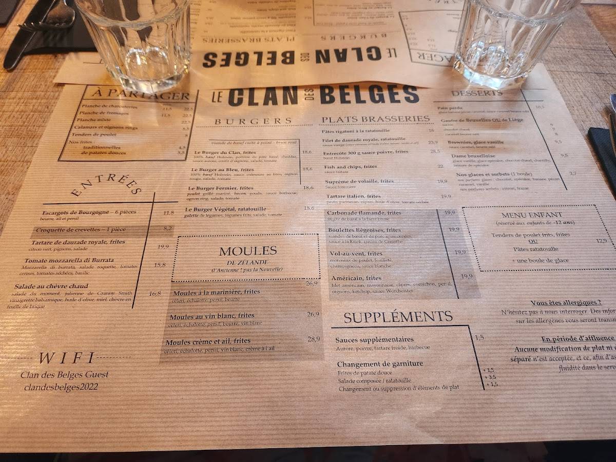 Menu au Le Clan des Belges restaurant, Ixelles