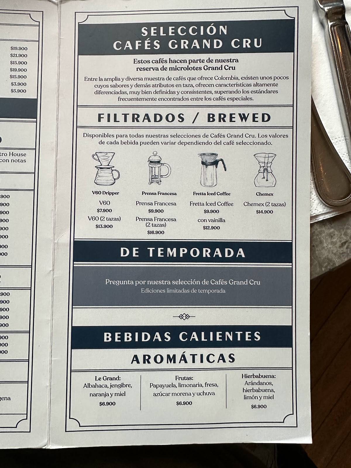 Carta del restaurante Le Grand Bogotá, Bogotá