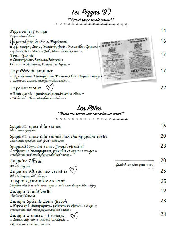 Menu au Le Louis-Joseph restaurant, Papineauville
