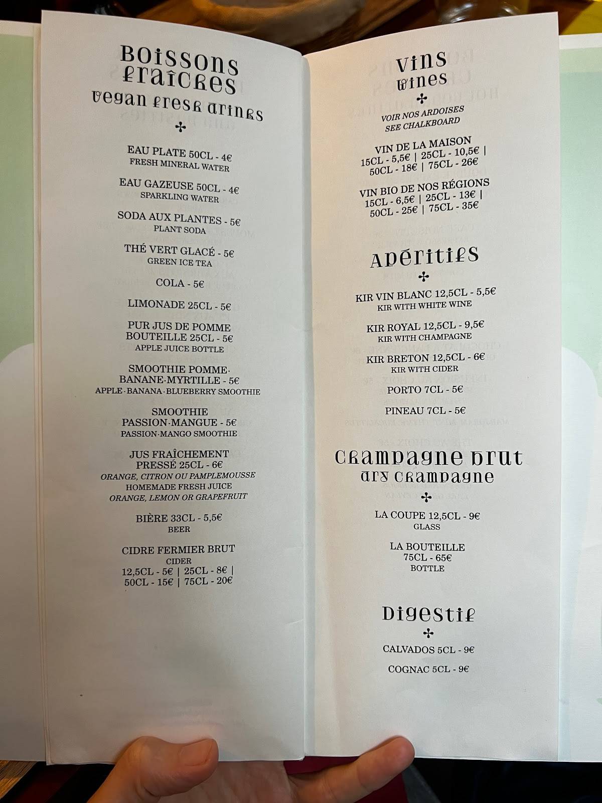 Menu au Le Potager du Marais restaurant, Paris, 24 Rue Rambuteau