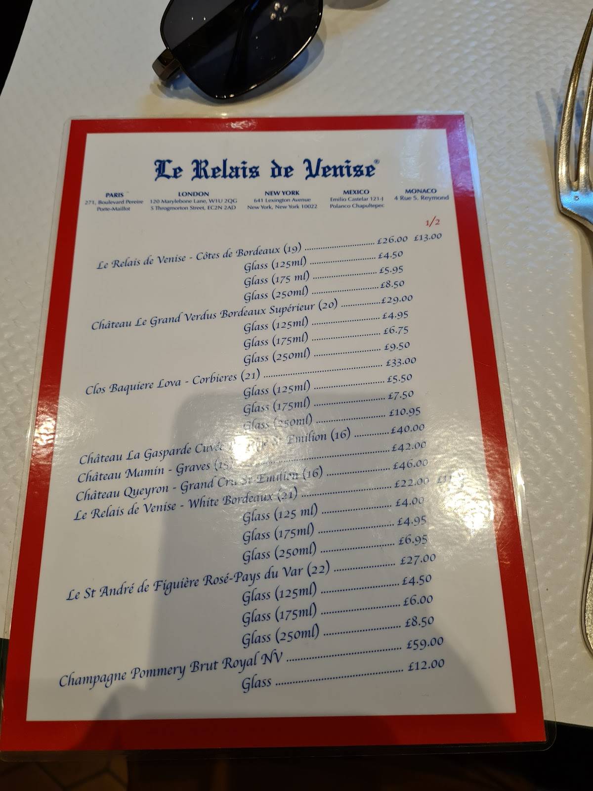 Menu at Le Relais de Venise l'Entrecôte restaurant, London, 5 ...