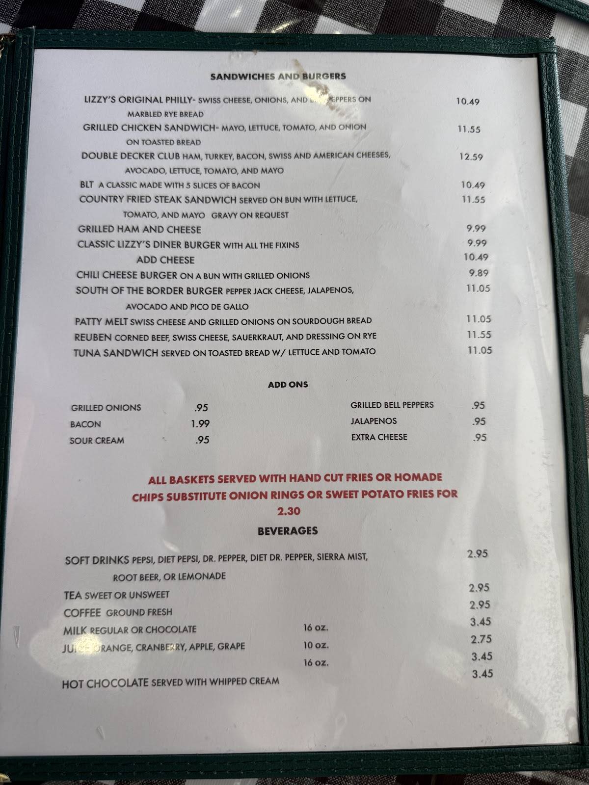 Menu at Lizzy's Diner restaurant, Longview, Judson Rd
