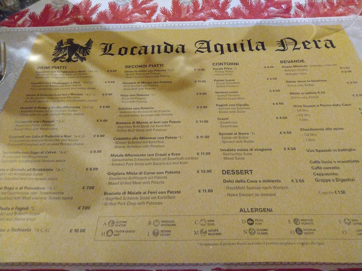 Speisekarte von Locanda Aquila Nera restaurant, Malborghetto