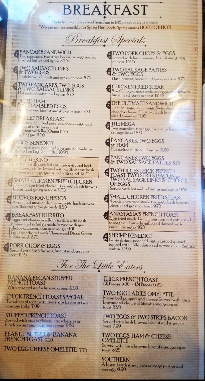 Menu at Log Cabin Restaurant, Ruidoso, Mechem Dr