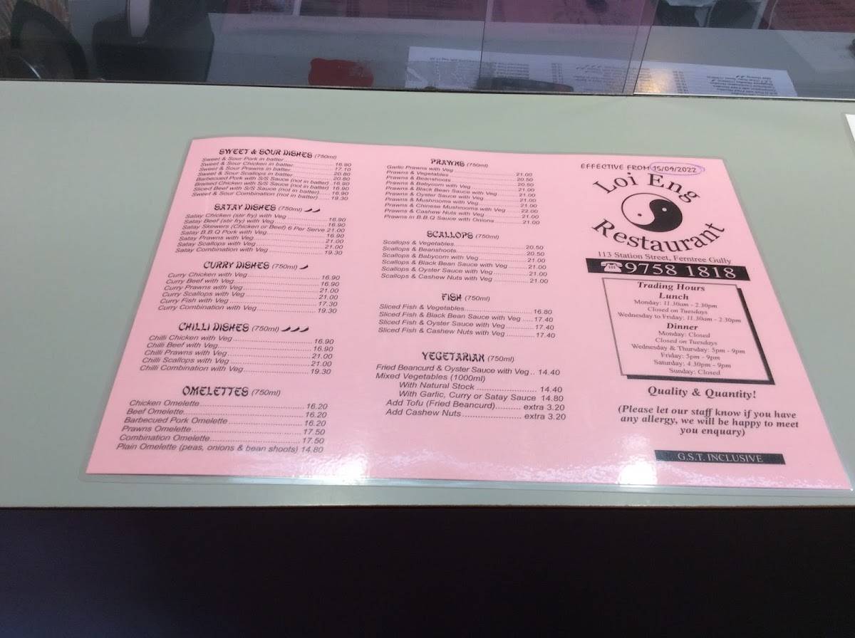 Menu at Loi Eng Restaurant, Ferntree Gully
