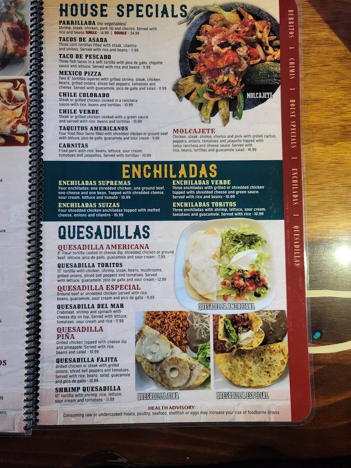 Menu at Los Toritos restaurant, Syracuse