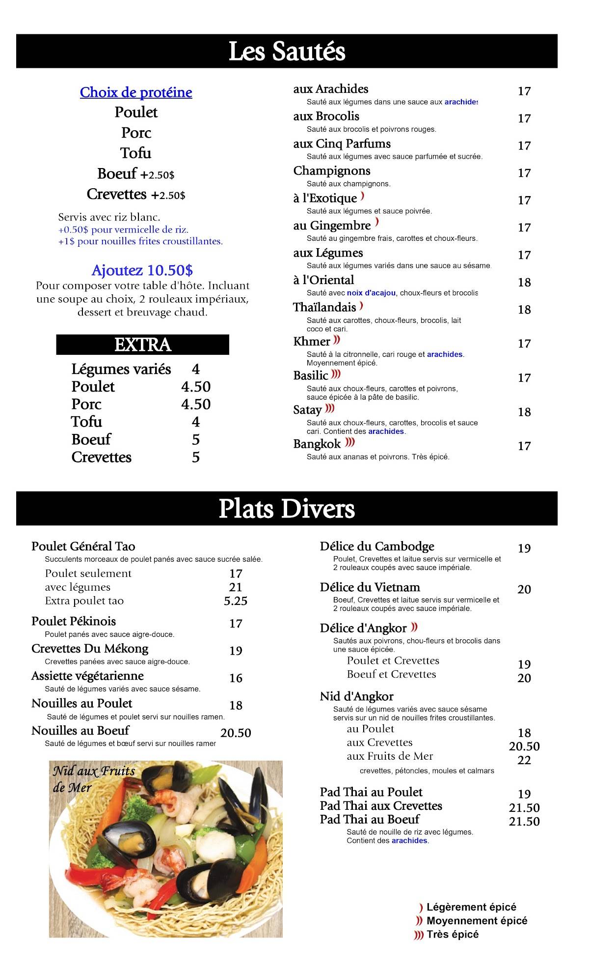 Menu au Lotus D'Angkor restaurant, Québec