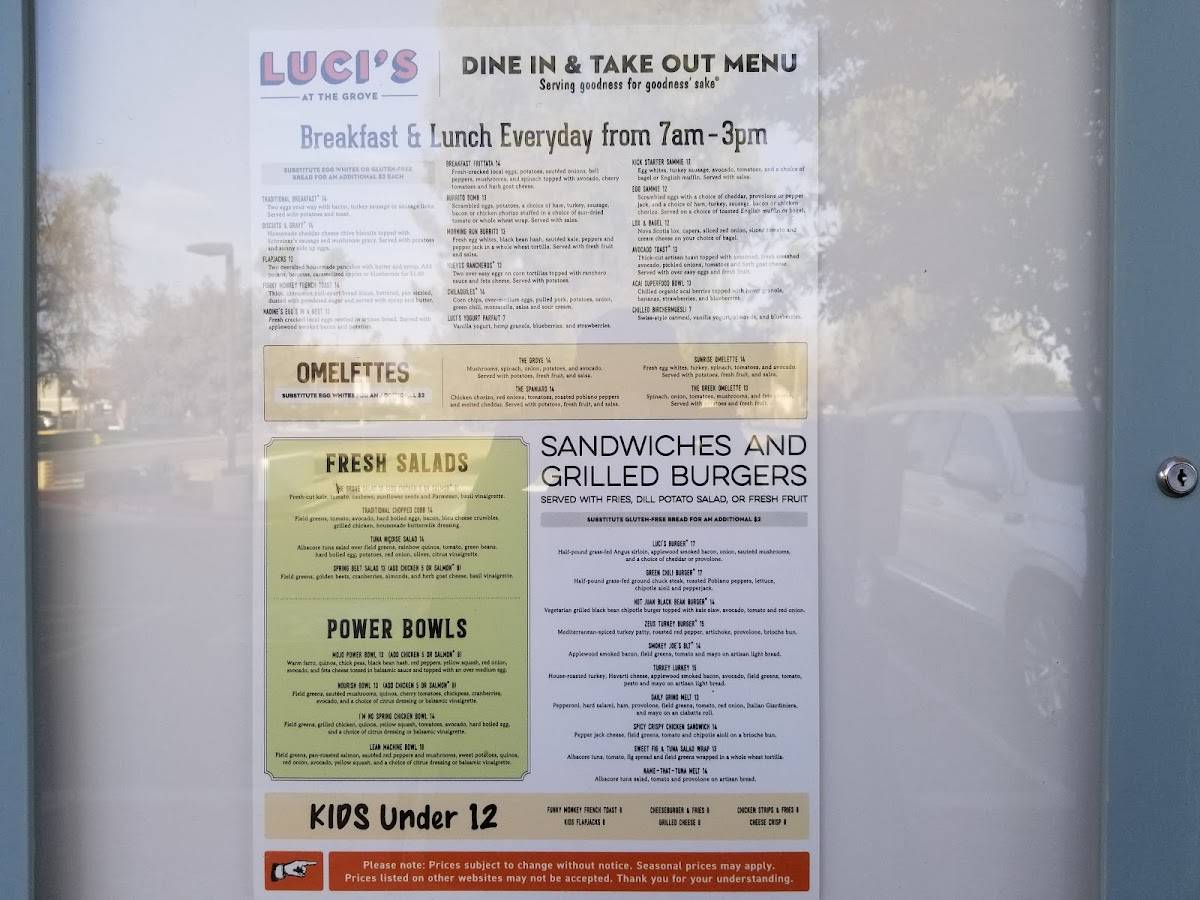 Menu at Luci's at the Grove restaurant, Scottsdale
