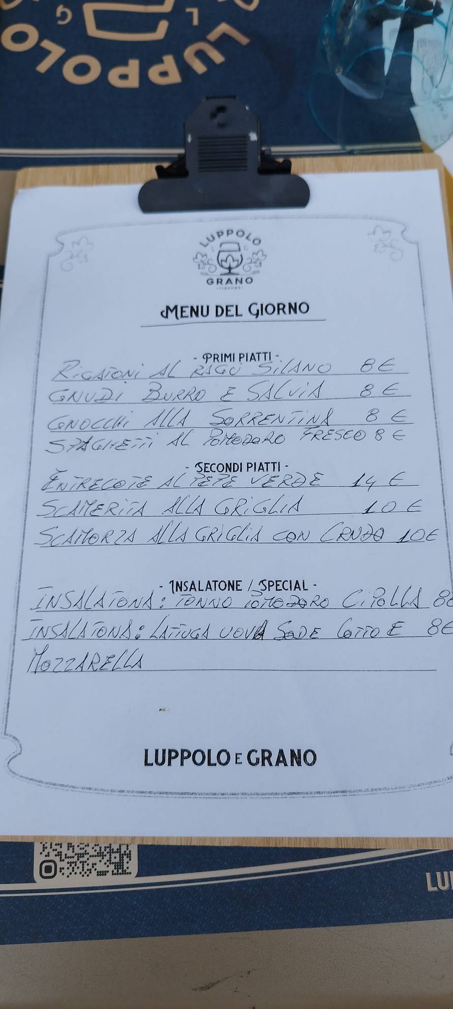 Menu at Luppolo & Grano restaurant, Florence