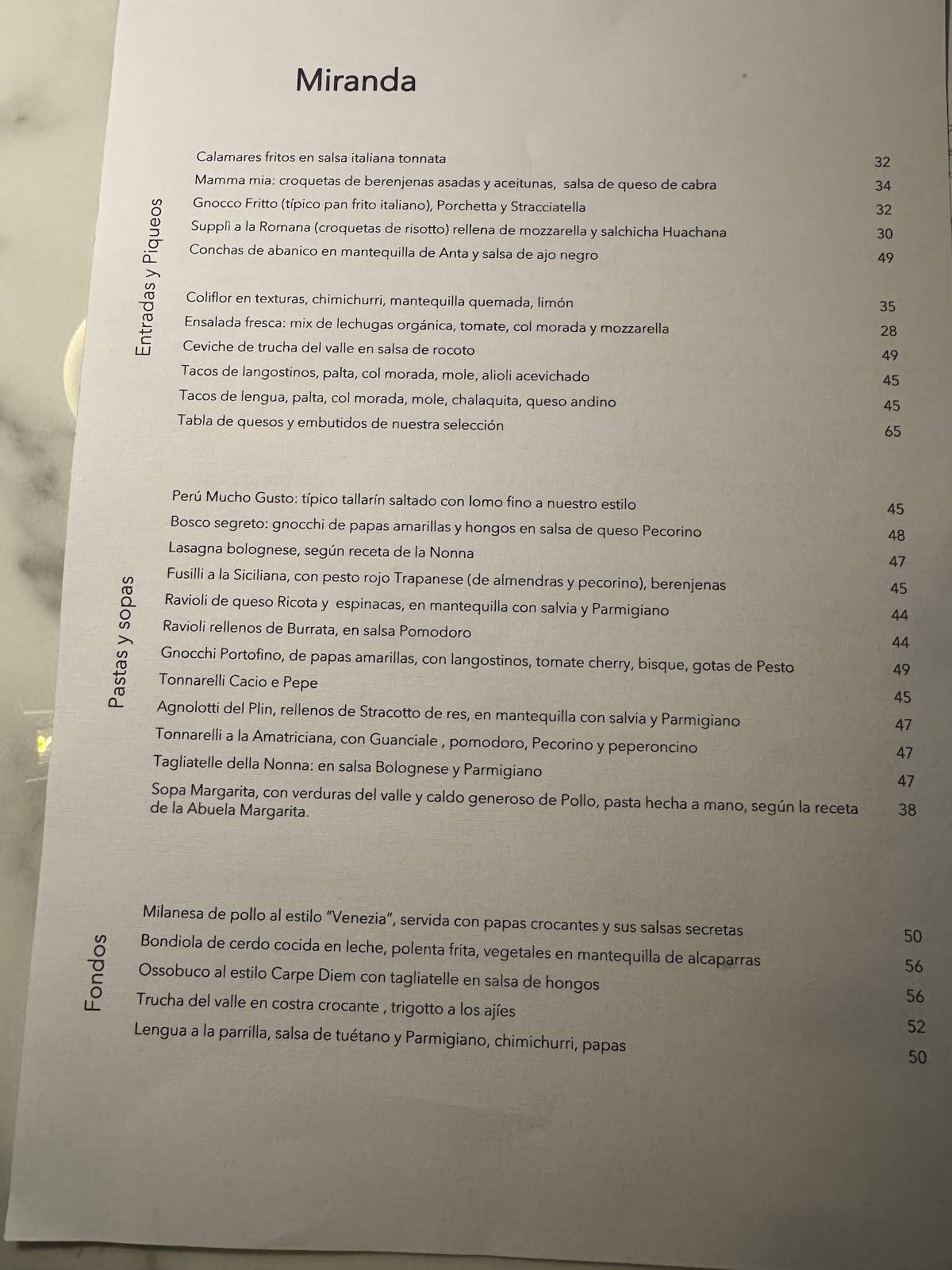 Menu at MIRANDA BY CARPE DIEM restaurant, Cusco