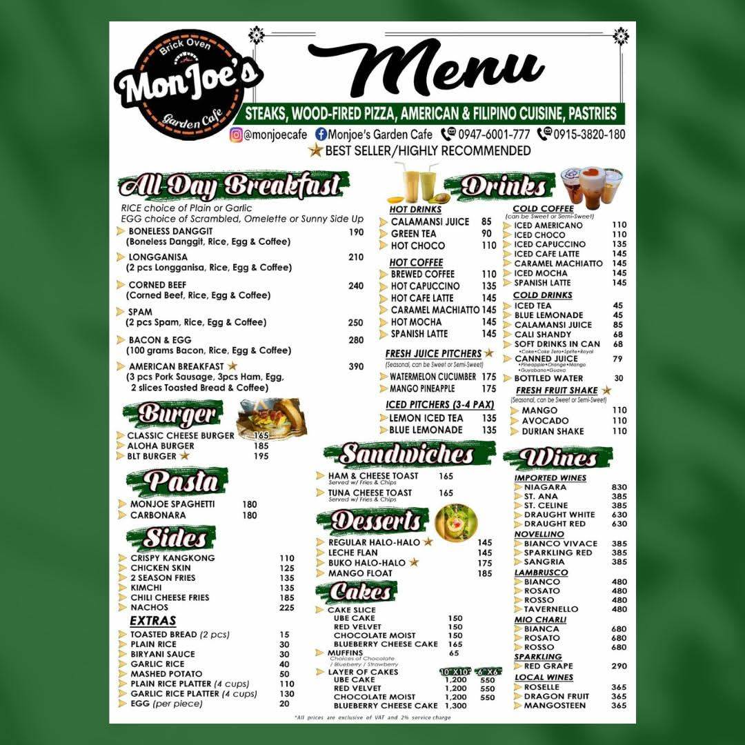 Menu at MONJOE'S GARDEN CAFE, Pagadian City