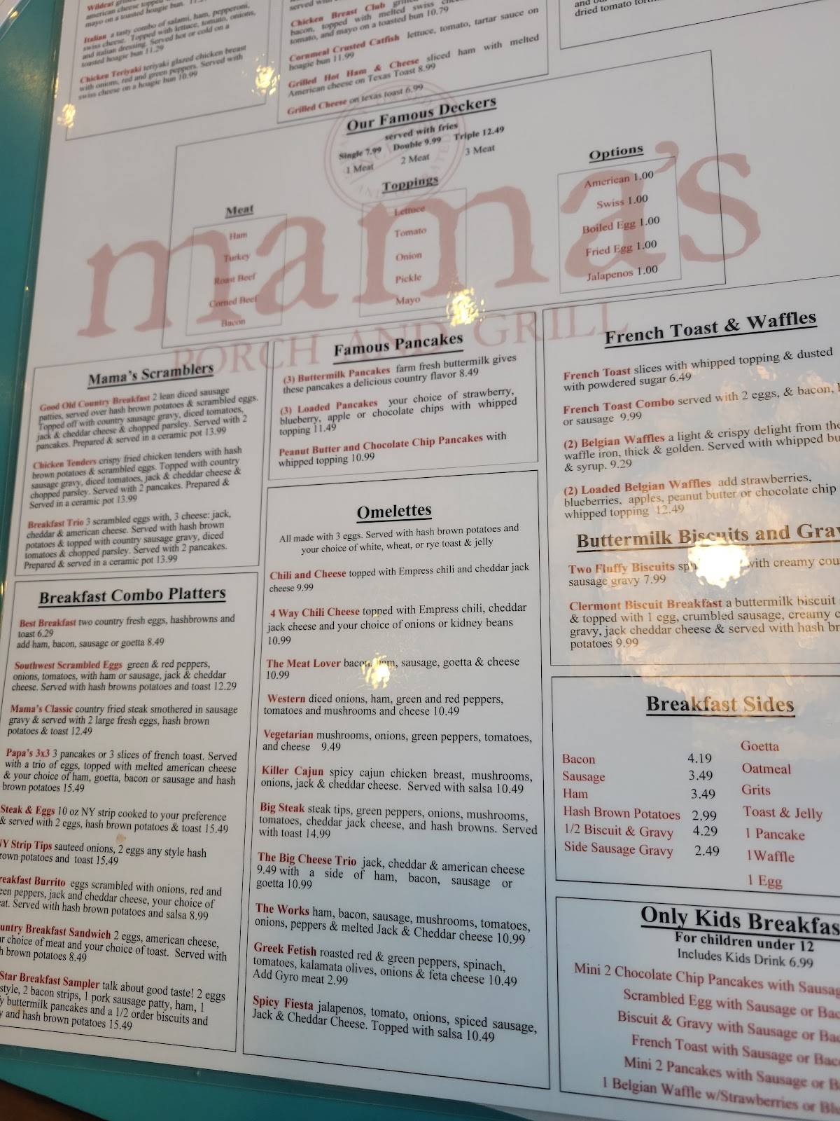 Menu at Mama's Porch and Grill restaurant, Williamsburg