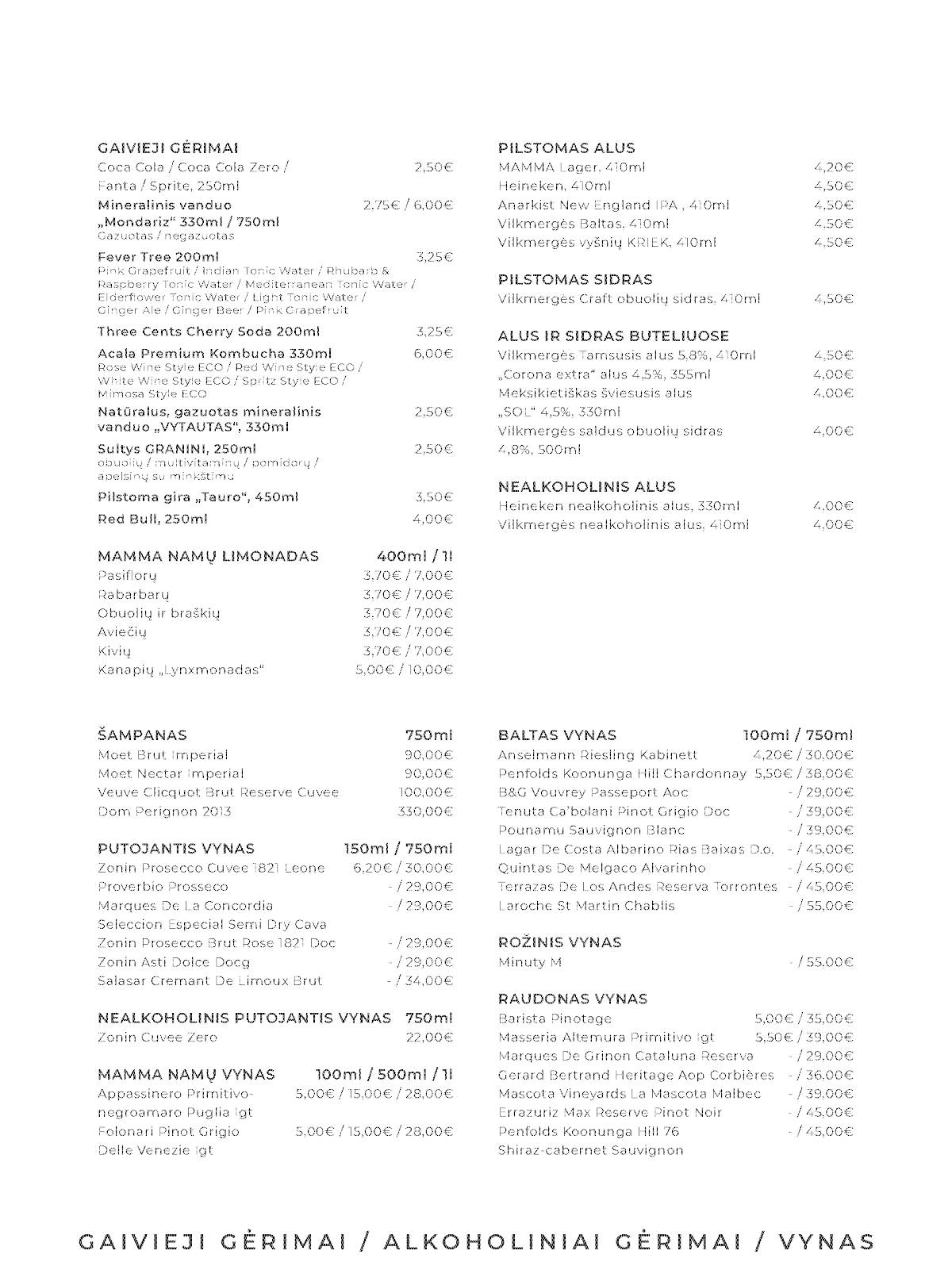 Menu at Mamma Kitchen Stories restaurant, Kaunas