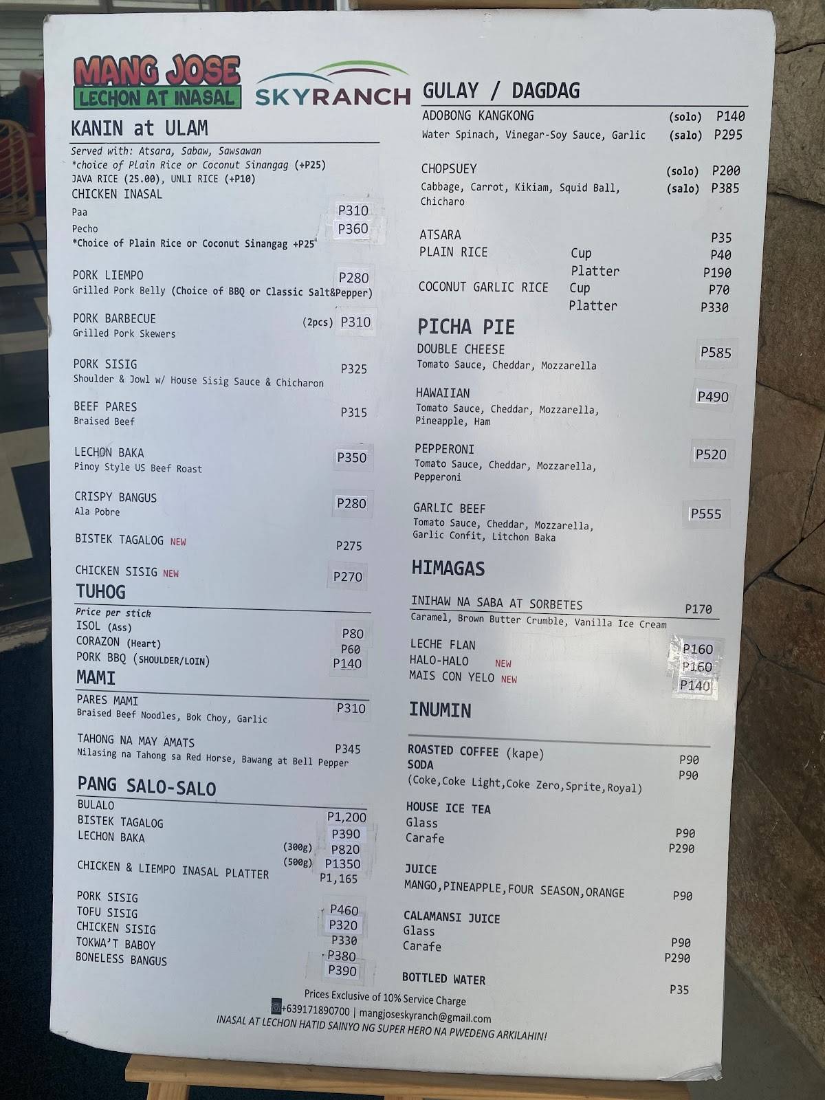 Menu at Mang Jose lechon at inasal restaurant, Tagaytay