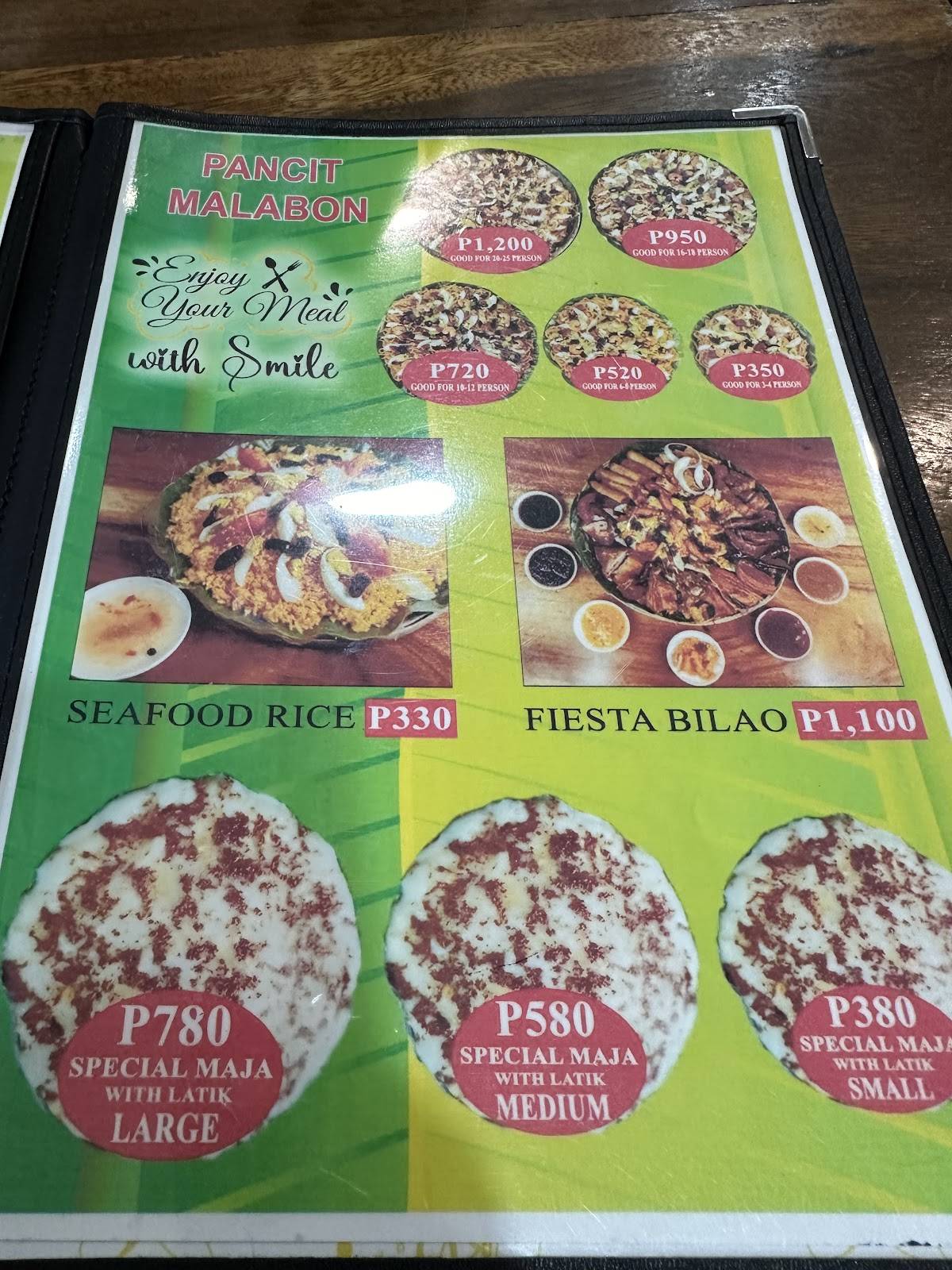 Menu at Marlon's Special Pancit Malabon restaurant, General Trias