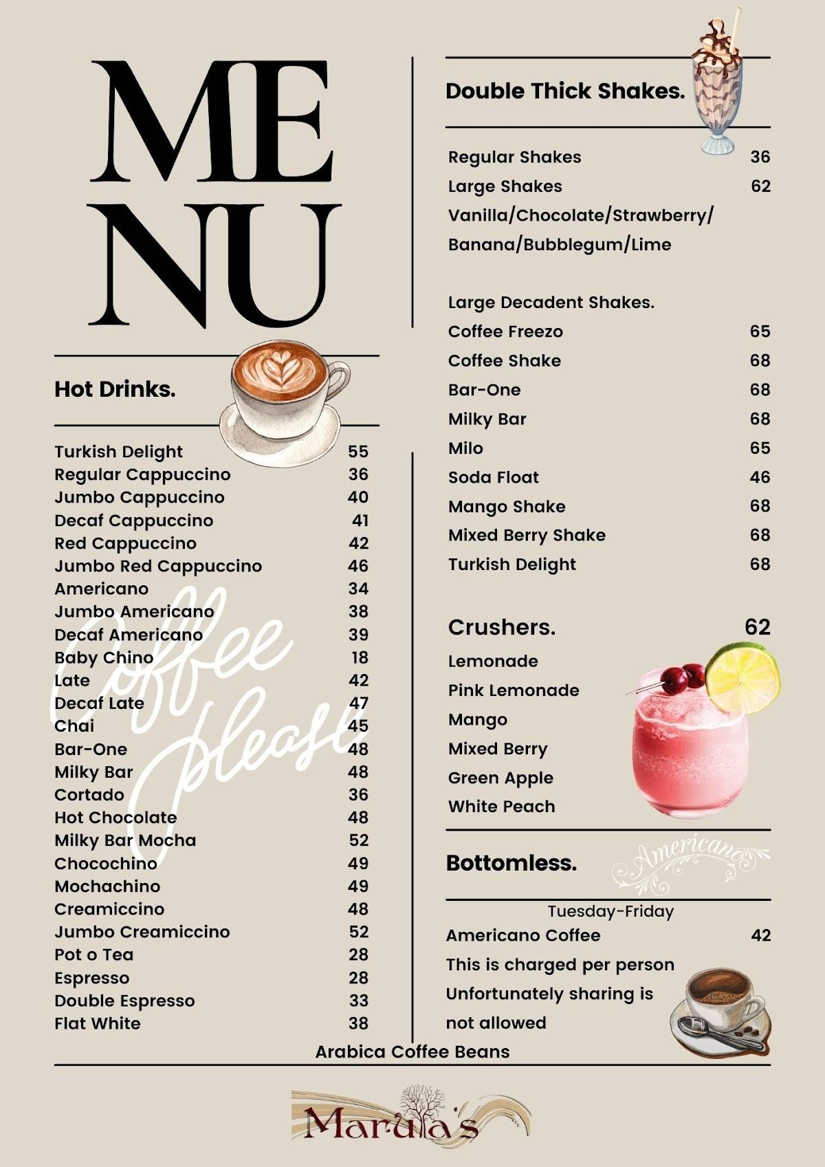 Menu at Marula Coffee Shop restaurant, Durban