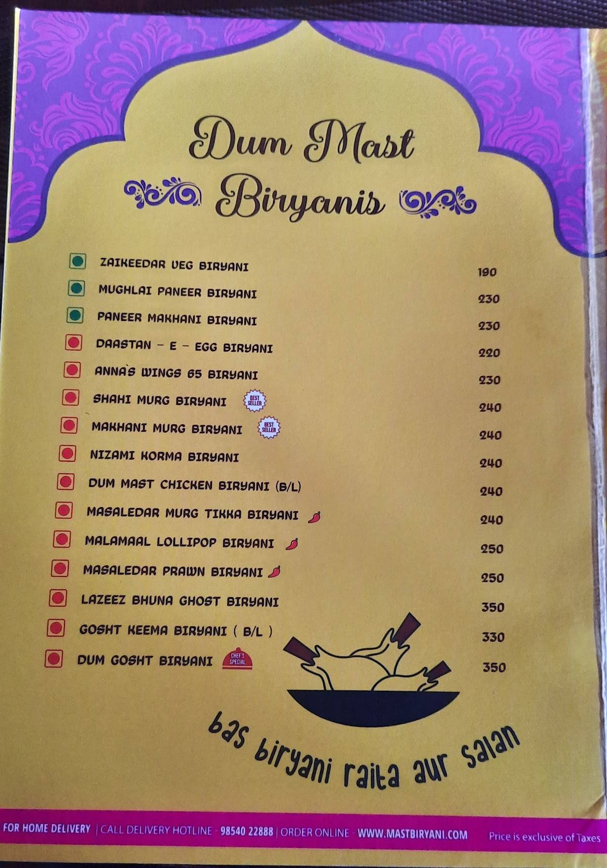 Menu at Mast Biryani, Bhatemora Gaon