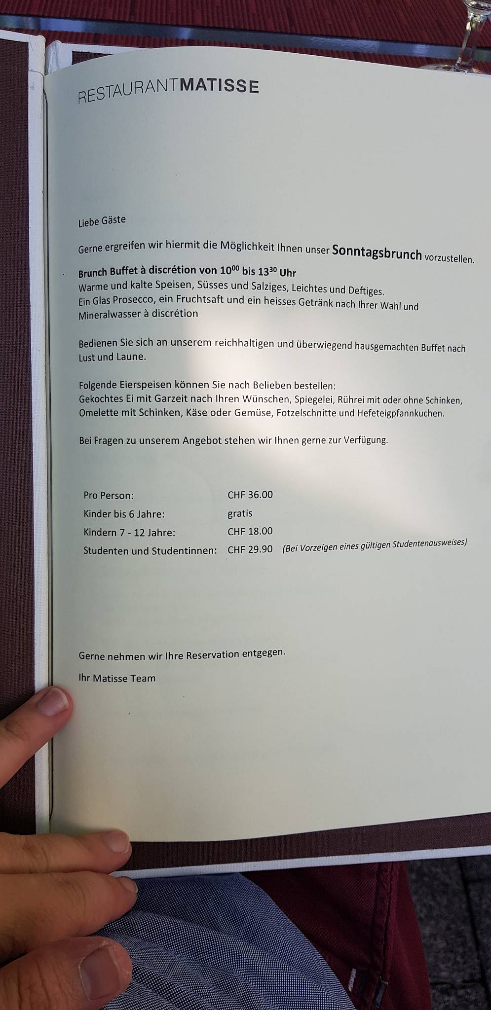 Speisekarte von Restaurant Matisse, Basel