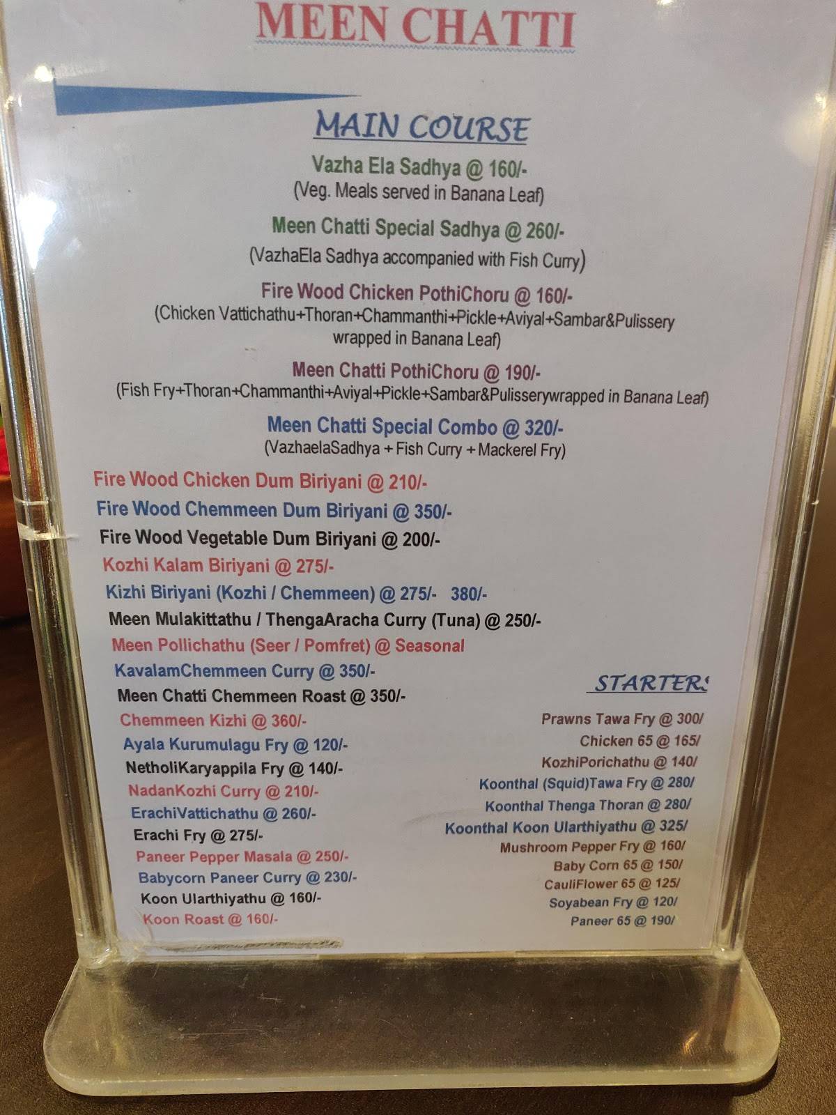 Menu at Meen Chatti(Authentic Kerala Cuisine), Bengaluru