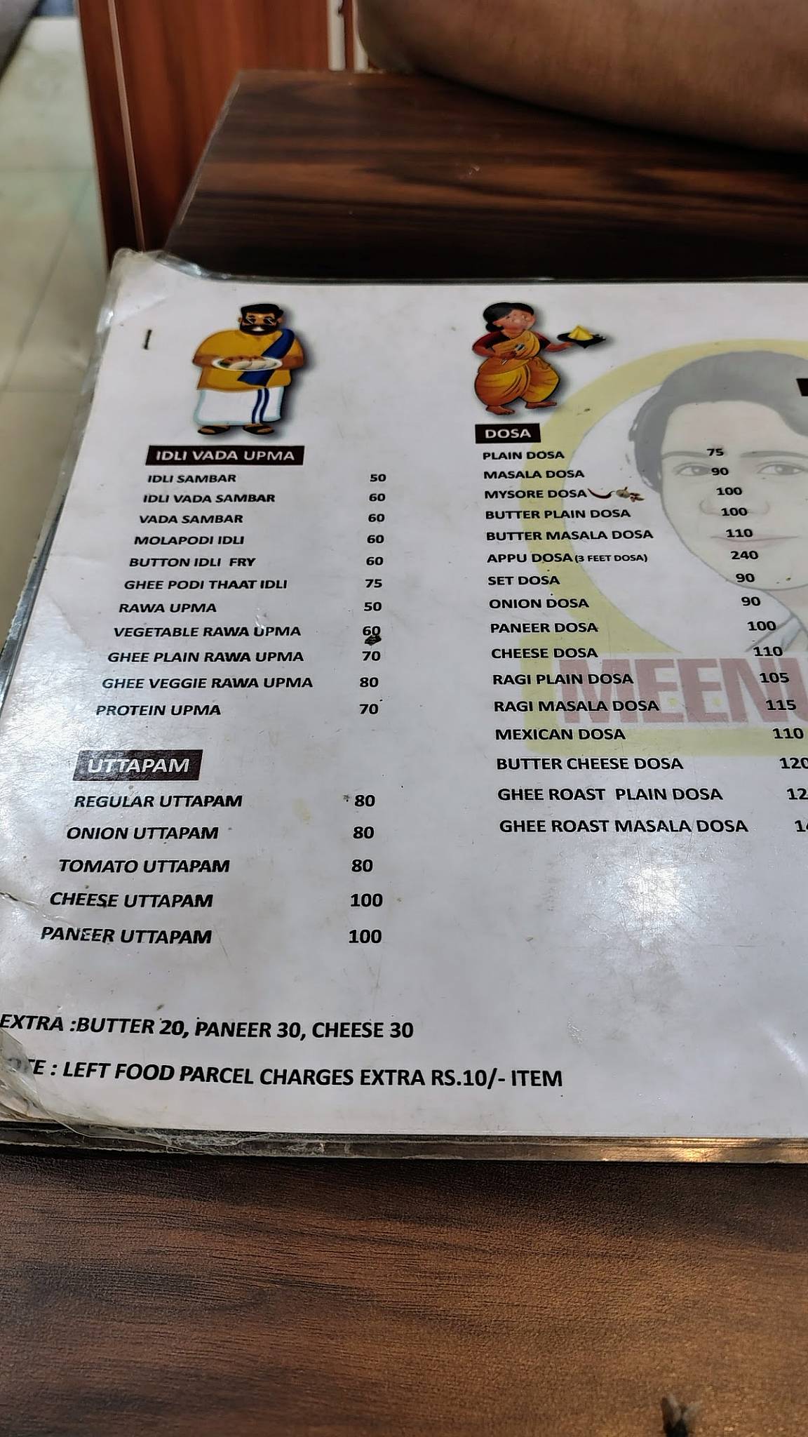 Menu at Meenu's Dosa, Bhopal, Minal Gate