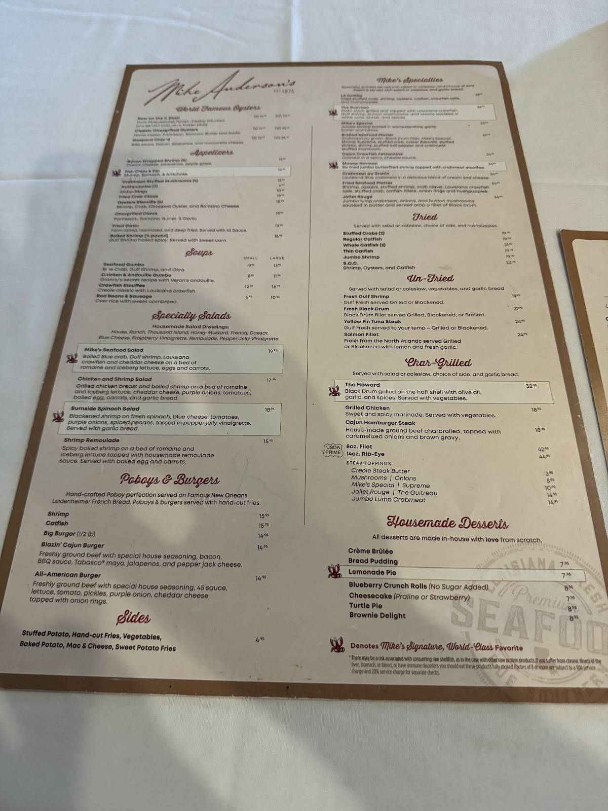 Menu at Mike Anderson's - Gonzales restaurant, Gonzales