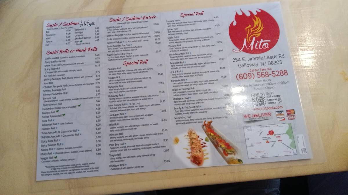 Menu at Mito Asia restaurant, Galloway