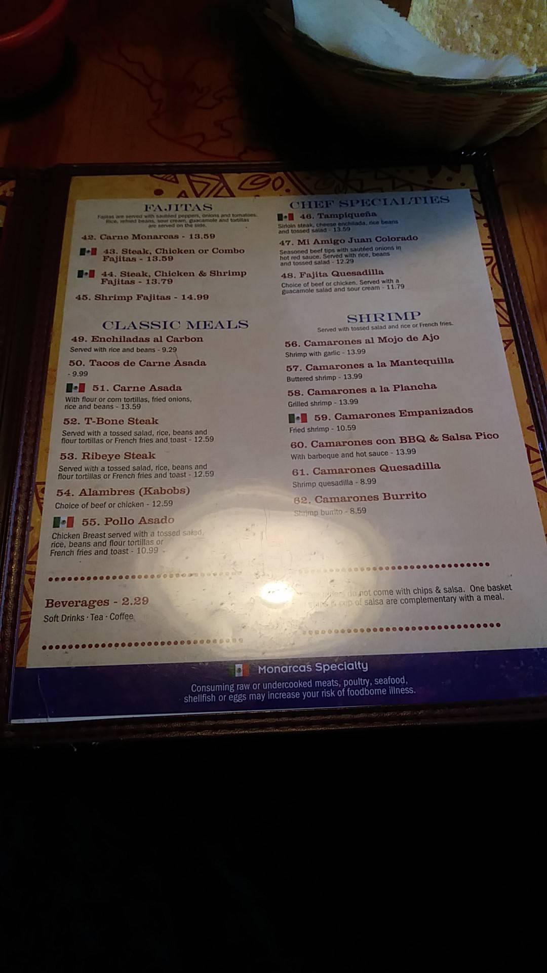 Menu at Monarcas Mexican Restaurant, Troy
