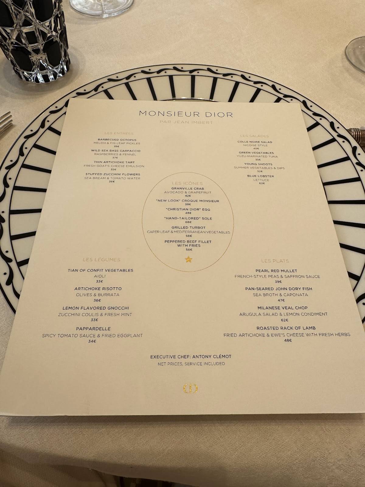 Menu at Restaurant Monsieur Dior, Paris