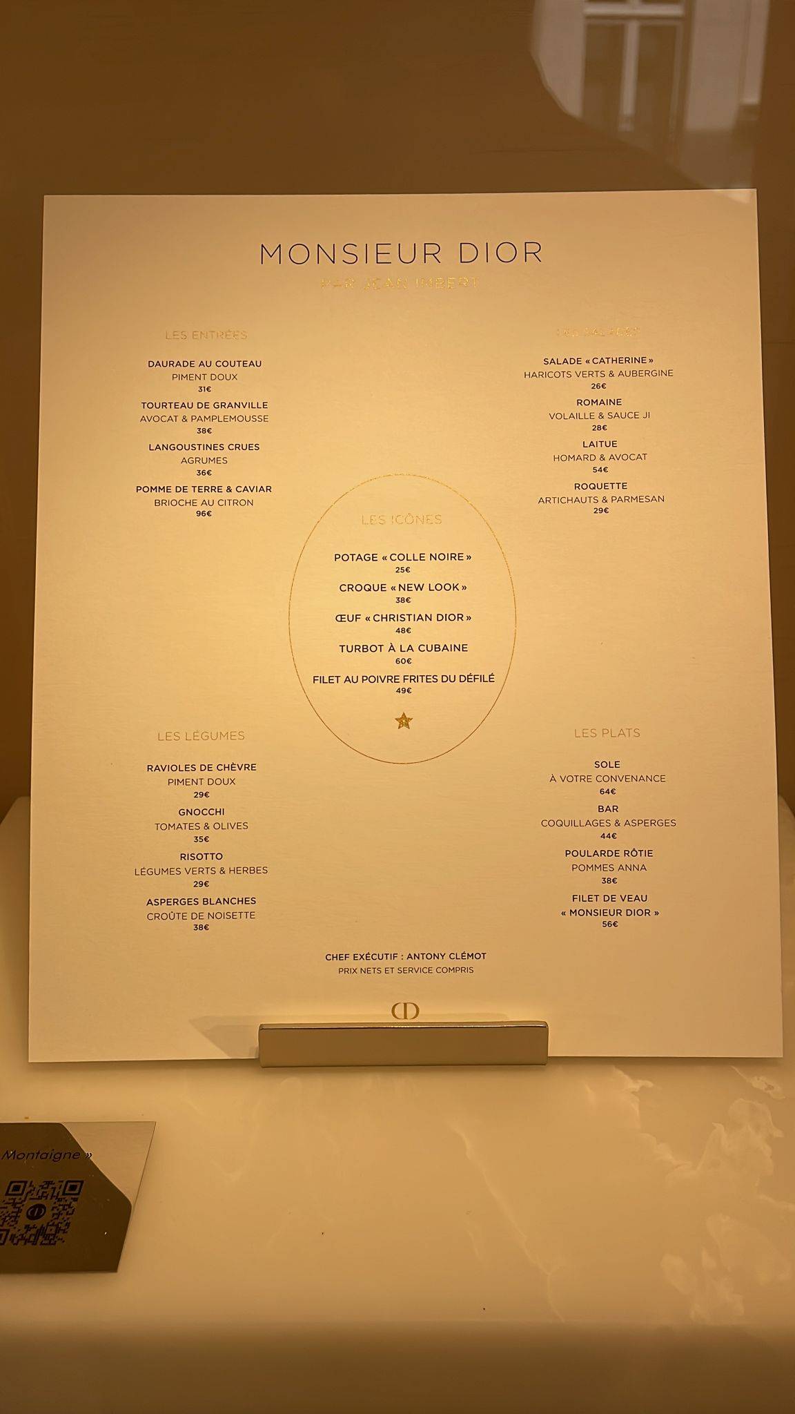 Menu at Restaurant Monsieur Dior, Paris