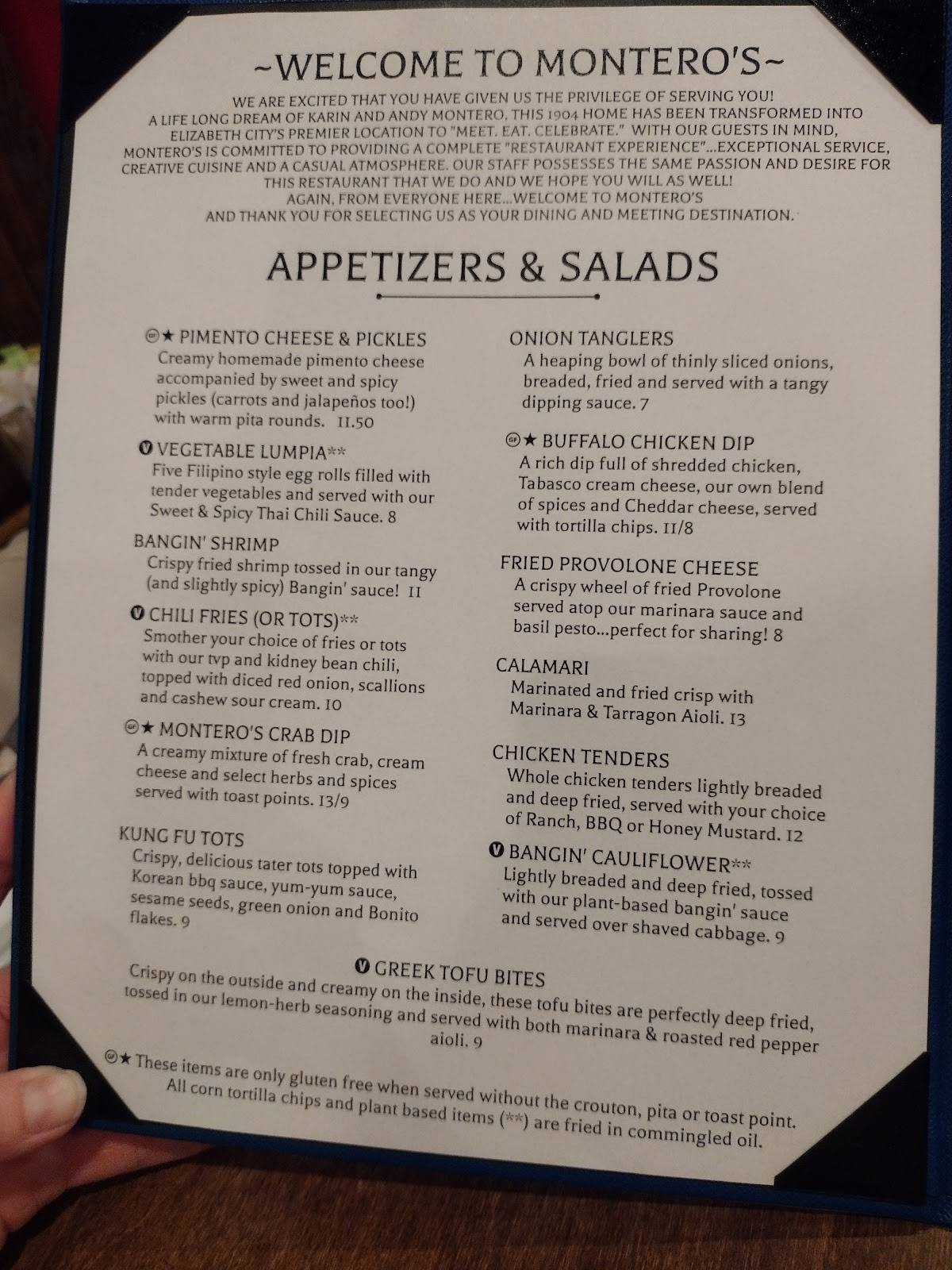 Menu at Montero's Restaurant, Bar and Catering, Elizabeth City