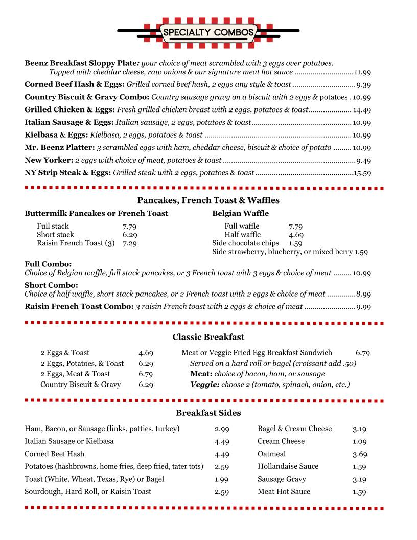 Menu at Mr. Beenz Diner restaurant, Rochester
