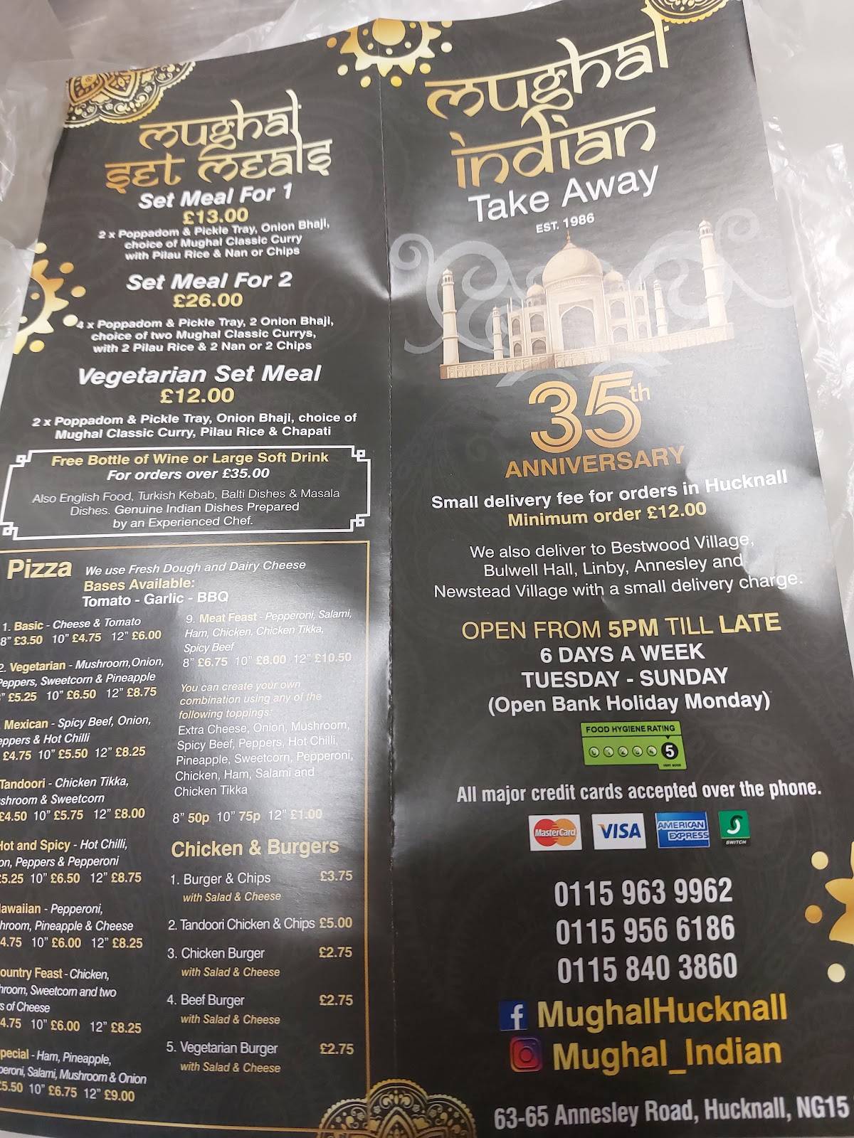Menu at Mughal Indian Takeaway and Restaurant, Nottingham