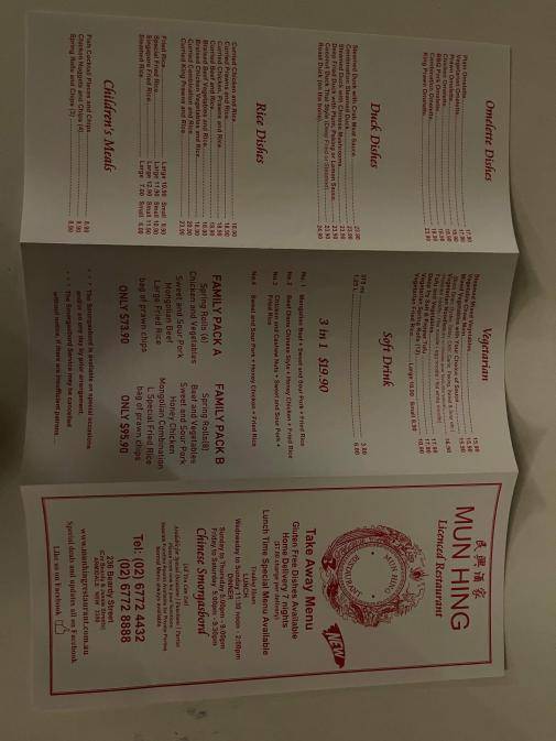 Menu at Mun Hing Restaurant, Armidale
