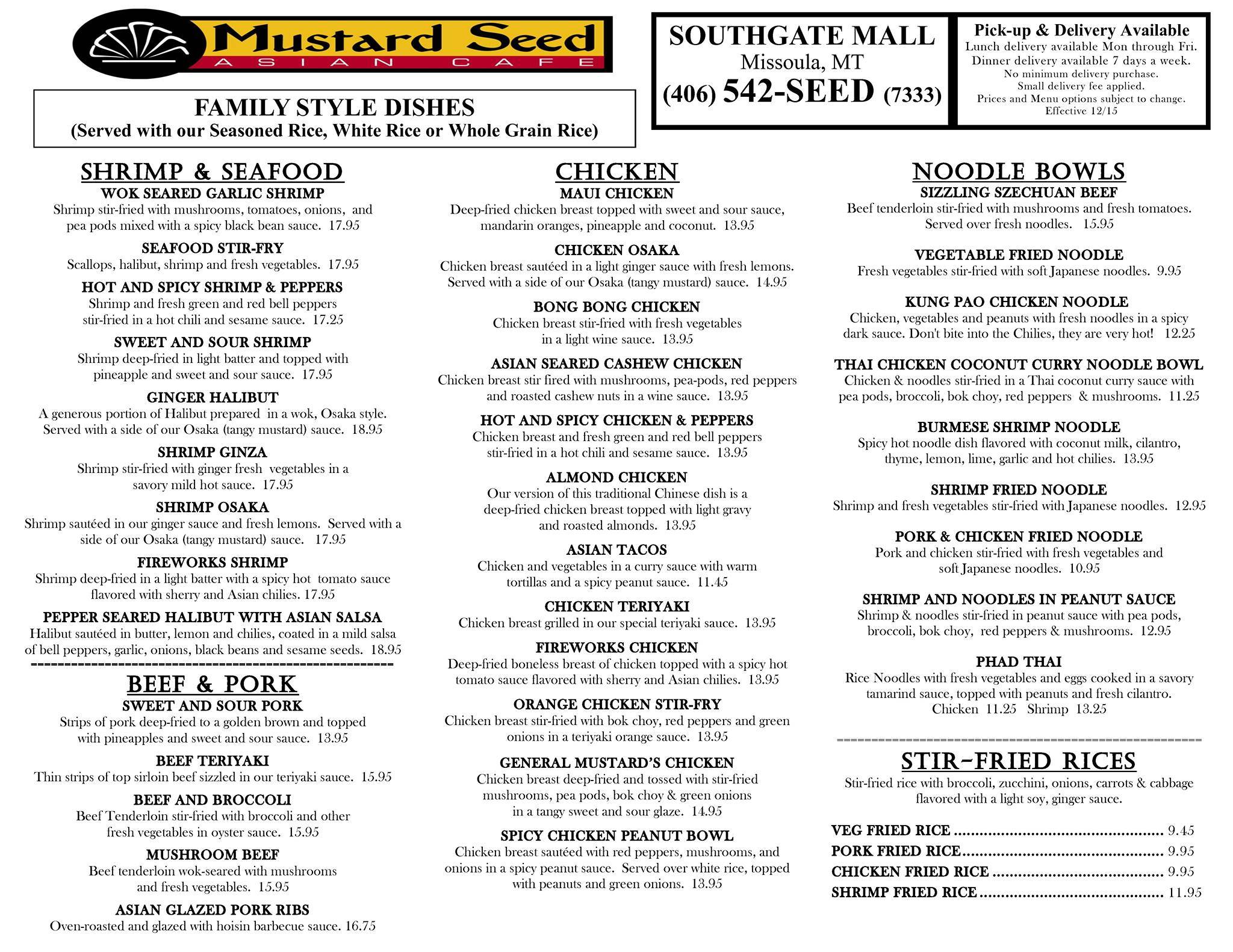 Menu at Mustard Seed restaurant, Missoula
