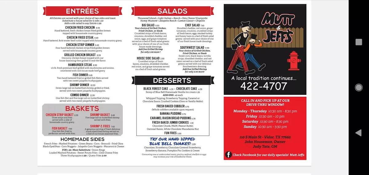 Menu at Mutt & Jeff's restaurant, Vidor, 110 S Main St