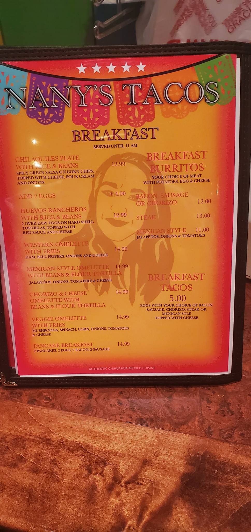 Menu at Nanys Tacos restaurant, Williams