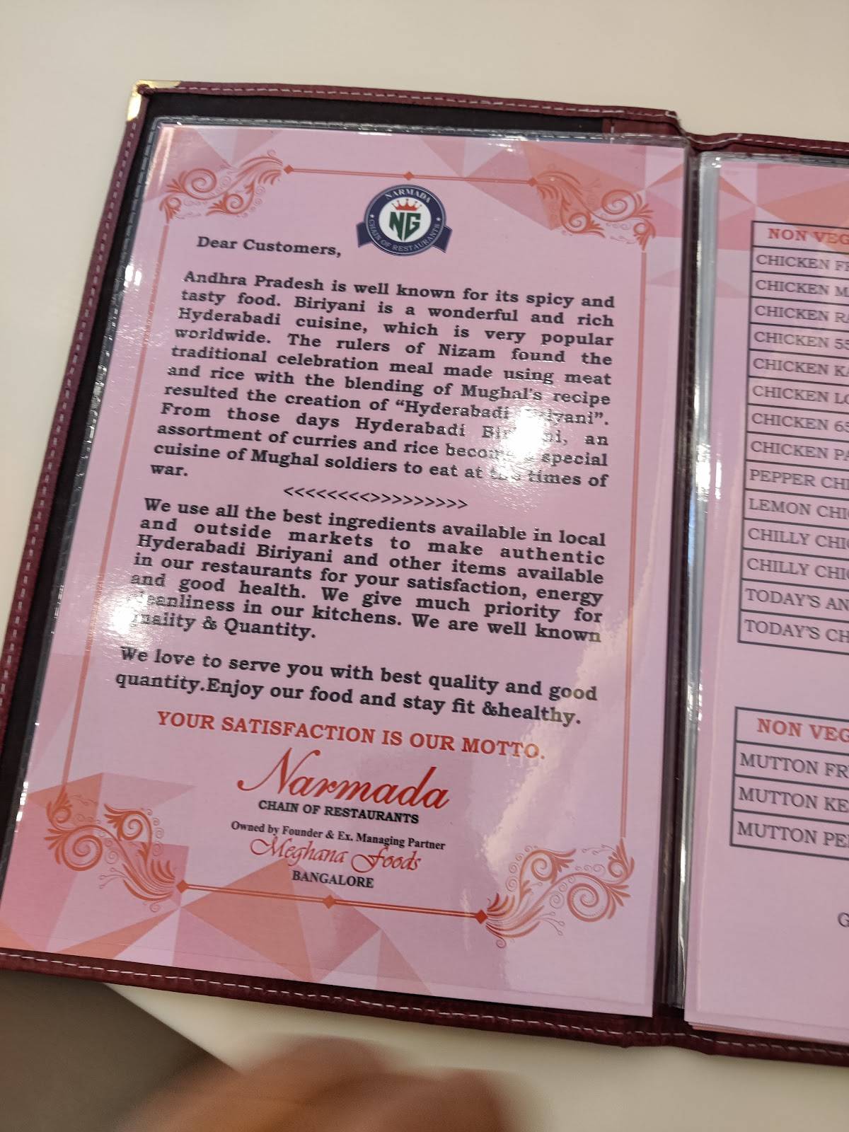 Menu at Narmada Chain Of Restaurant sholinganallur, Chennai