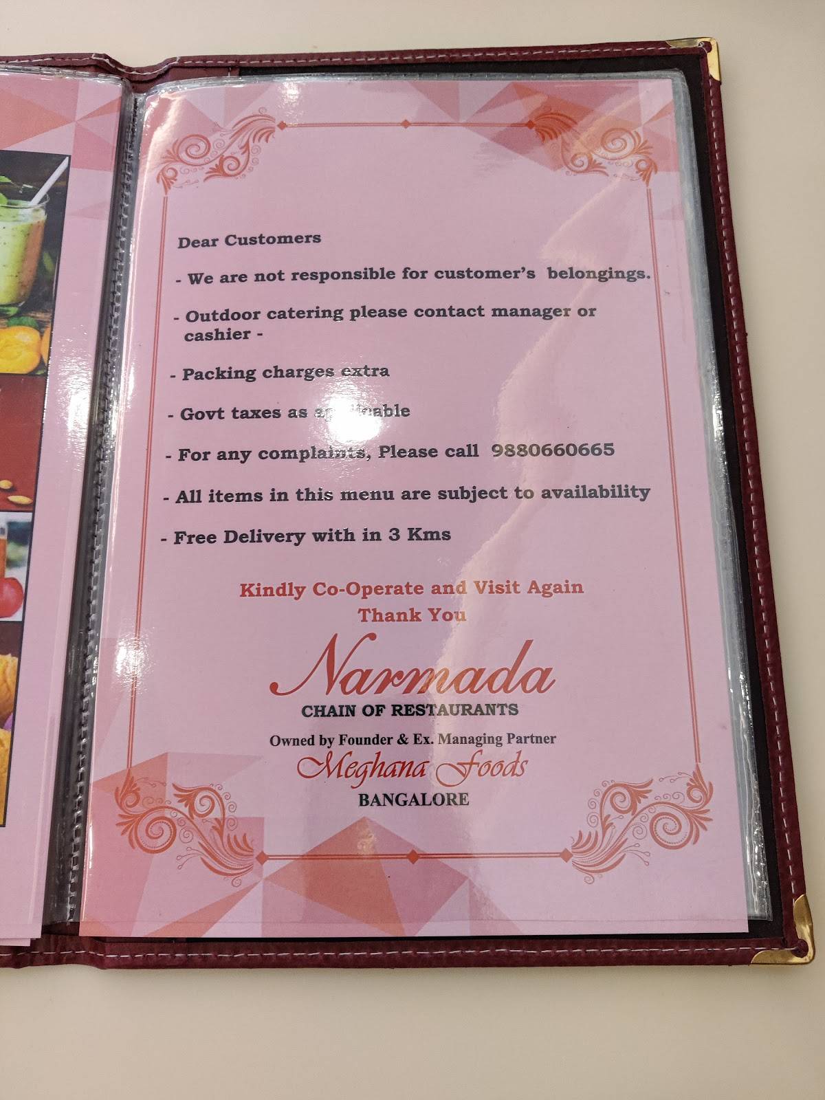 Menu at Narmada Chain Of Restaurant sholinganallur, Chennai