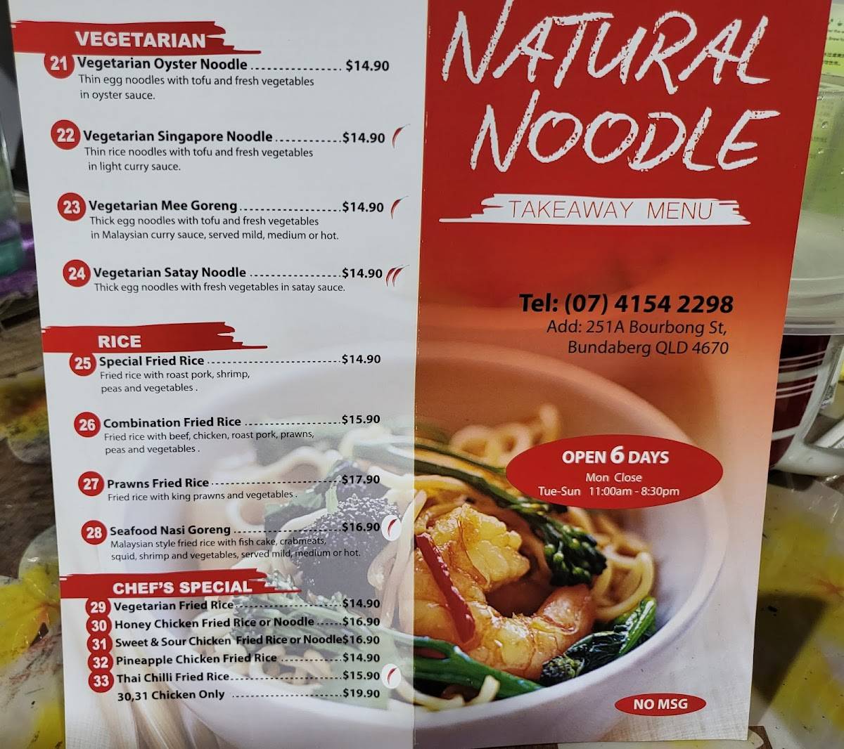 Menu at Natural Noodle restaurant, Bundaberg Central