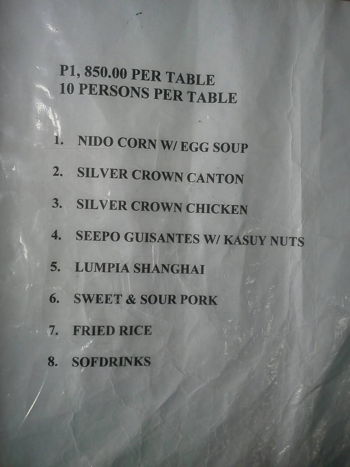 Menu at New Silver Crown Panciteria, Inc. restaurant, Caloocan